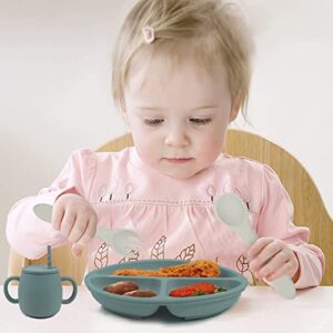 Silicone Baby Feeding Set, Baby Led Weaning Supplies, Divided Baby Plates Bowls with Sucntion, Adjustable Bibs Soft Spoon Fork Utensil, Sippy Cups, Infant Self Eating Utensil (Sage/Ether)