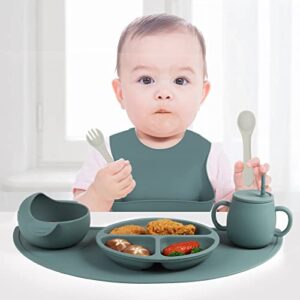 Silicone Baby Feeding Set, Baby Led Weaning Supplies, Divided Baby Plates Bowls with Sucntion, Adjustable Bibs Soft Spoon Fork Utensil, Sippy Cups, Infant Self Eating Utensil (Sage/Ether)