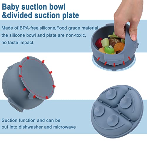 Silicone Baby Feeding Set, Baby Led Weaning Supplies, Divided Baby Plates Bowls with Sucntion, Adjustable Bibs Soft Spoon Fork Utensil, Sippy Cups, Infant Self Eating Utensil (Sage/Ether)