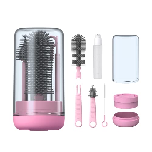 YOTIME Travel Baby Bottle Brush Set, Silicone Bottle Brush with Nipple Cleaner and Stand, Pink