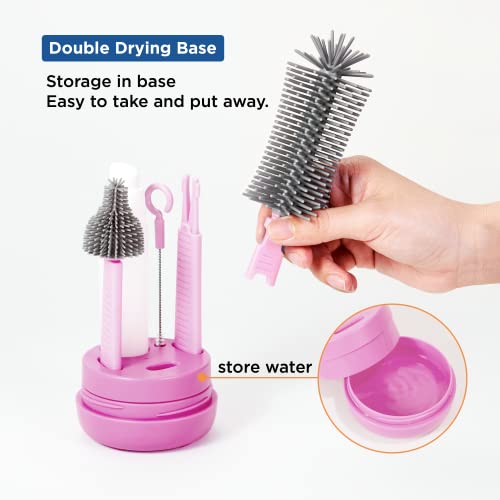 YOTIME Travel Baby Bottle Brush Set, Silicone Bottle Brush with Nipple Cleaner and Stand, Pink