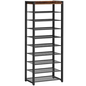 hoobro 10 tier shoe rack, narrow shoe storage organizer with 9 metal shelves, saving space, stable and sturdy, hold 18-27 pairs of shoes, for entryway, hallway, living room, rustic brown bf40xj01