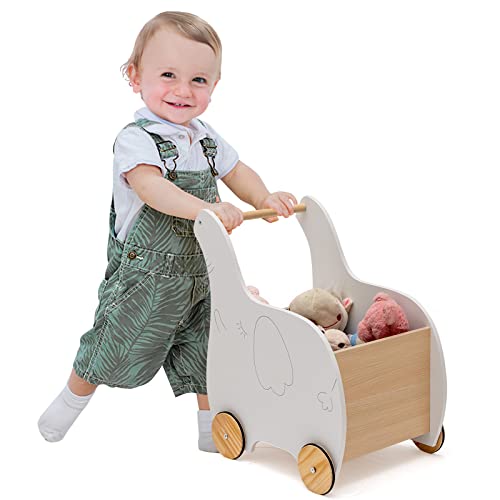 BABY JOY Baby Wooden Push Walker, 2-in-1 Toddler Learning Walker w/Toy Storage Chest, Non-Slip 4-Wheels, Push & Pull Stroller Walker for 1-3 Years Old Boys Girls (Cute Elephant)