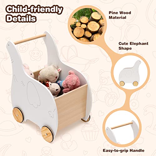 BABY JOY Baby Wooden Push Walker, 2-in-1 Toddler Learning Walker w/Toy Storage Chest, Non-Slip 4-Wheels, Push & Pull Stroller Walker for 1-3 Years Old Boys Girls (Cute Elephant)