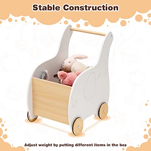 BABY JOY Baby Wooden Push Walker, 2-in-1 Toddler Learning Walker w/Toy Storage Chest, Non-Slip 4-Wheels, Push & Pull Stroller Walker for 1-3 Years Old Boys Girls (Cute Elephant)