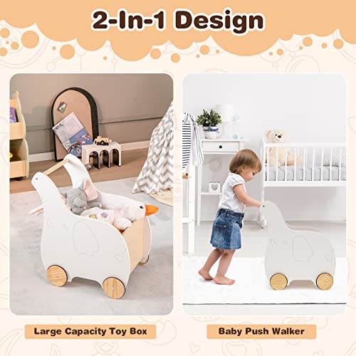 BABY JOY Baby Wooden Push Walker, 2-in-1 Toddler Learning Walker w/Toy Storage Chest, Non-Slip 4-Wheels, Push & Pull Stroller Walker for 1-3 Years Old Boys Girls (Cute Elephant)