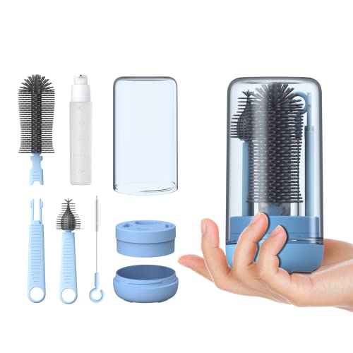 VOGOGE Travel Bottle Brush Set with Stand, Portable Baby Bottle Cleaning Kit Includes Nipple Brush and Straw Cleaner Brush (Blue)