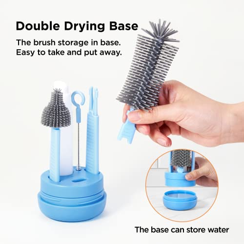 VOGOGE Travel Bottle Brush Set with Stand, Portable Baby Bottle Cleaning Kit Includes Nipple Brush and Straw Cleaner Brush (Blue)