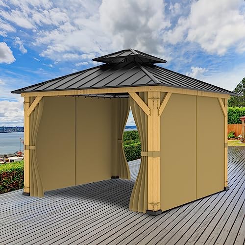 10-ft x 12-ft Gazebo Curtains,Privacy Replacement Full Zippered Sidewall with 2-Panel Universal Shade Curtains Set,Enclosure Sidewall Kit with Church Window,Protecting Side Walls-Khaki