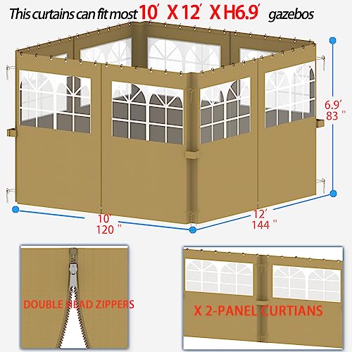 10-ft x 12-ft Gazebo Curtains,Privacy Replacement Full Zippered Sidewall with 2-Panel Universal Shade Curtains Set,Enclosure Sidewall Kit with Church Window,Protecting Side Walls-Khaki