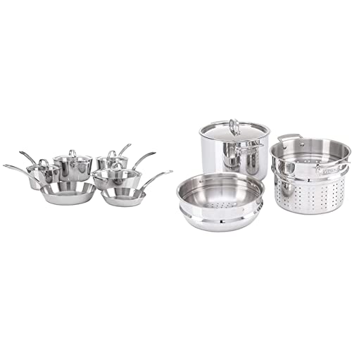 Viking Contemporary 3-Ply Stainless Steel Cookware Set, 10 Piece & Steel Pasta Pot with Steamer, 8 Quart