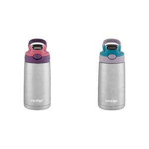 contigo kids stainless steel water bottle with redesigned autospout straw, 13 oz, eggplant & punch & kids stainless steel water bottle with redesigned autospout straw, 13 oz, taro & juniper