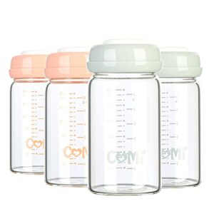 comi wide neck glass breastmilk collection n storage bottle, 4 packs, 6oz with screw ring sealing disk; re-markable sealing disc. bpa free, fits breast pumps & nipples (2 gray lids + 2 pink lids)