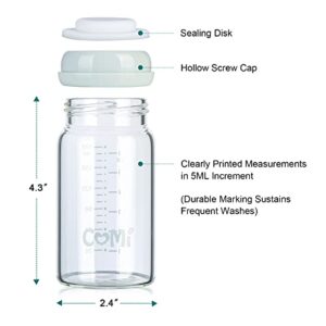 COMI Wide Neck Glass Breastmilk Collection n Storage Bottle, 4 Packs, 6oz with Screw Ring Sealing Disk; Re-markable Sealing Disc. BPA Free, Fits Breast Pumps & Nipples (2 Gray Lids + 2 Pink Lids)