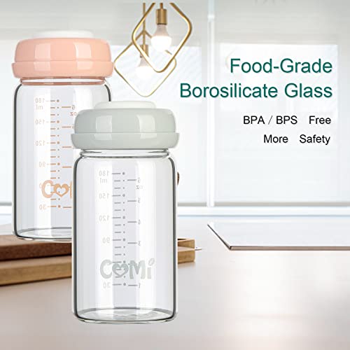 COMI Wide Neck Glass Breastmilk Collection n Storage Bottle, 4 Packs, 6oz with Screw Ring Sealing Disk; Re-markable Sealing Disc. BPA Free, Fits Breast Pumps & Nipples (2 Gray Lids + 2 Pink Lids)