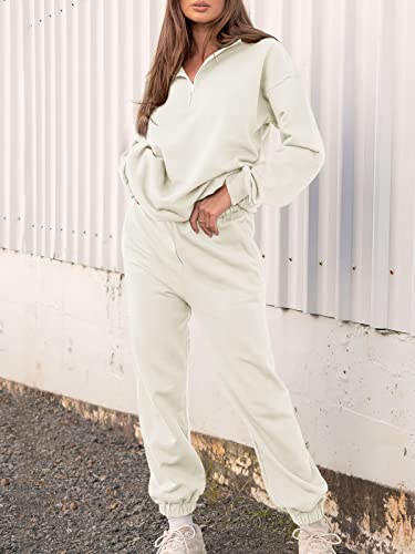 Prinbara Women's 2023 Fall Fashion Outfits 2 Piece Sweatsuit Solid Color Long Sleeve Pullover Long Pants Tracksuit 7PA76-baise-L