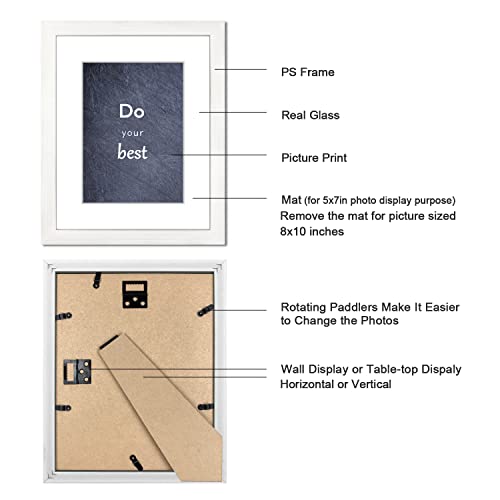 DEKWINN 8x10 Picture Frame Set of 3 with Real Glass for Pictures 5x7 with Mat or 8x10 Without Mat, Wall Mounting or Tabletop display Photo Frames in White