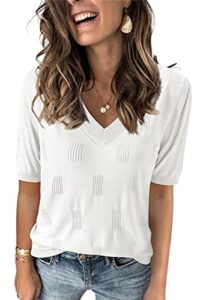 arach&cloz womens fashion spring summer tops 2023 trendy short sleeve sweaters v neck lightweight thin knit pullover (off white, small)