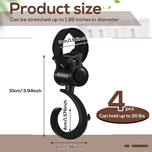 4 Pcs Walker Hook Hanging Multipurpose 360° Rotation Stroller Clip Diaper Bag Hanger for Walker Rollator Crutches Wheelchair Shopping Cart Car Back Seat Purses Bike Wheelchair Pushchair, Black