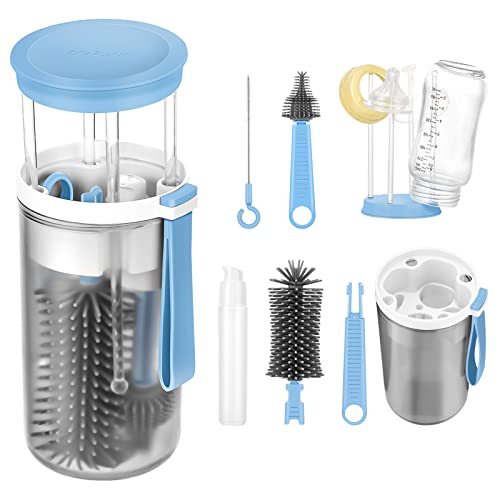 welltop Travel Bottle Cleaner Kit, Portable Baby Bottle Brush Set with Silicone Bottle Cleaning Brush, Built-in Bottle Drying Rack, Nipple Brush, Straw Brush, Bottle Soap Dispenser for Travel Home