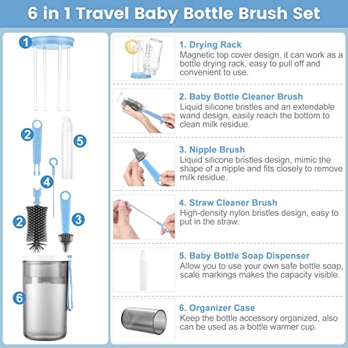 welltop Travel Bottle Cleaner Kit, Portable Baby Bottle Brush Set with Silicone Bottle Cleaning Brush, Built-in Bottle Drying Rack, Nipple Brush, Straw Brush, Bottle Soap Dispenser for Travel Home