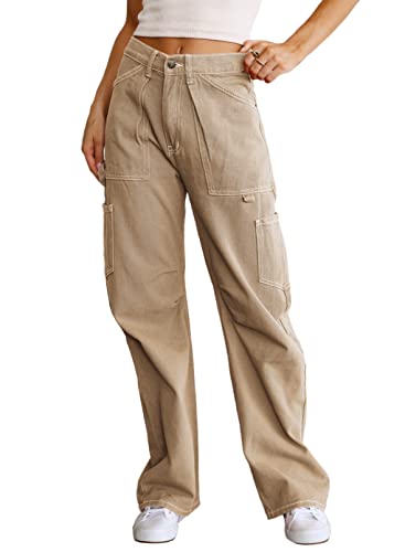 Dokotoo Lounge Women's Pants 2023 Palazzo Dress Pants for Women High Waisted with Pockets Jogger Stretchy Y2K Cargo Pants Khaki