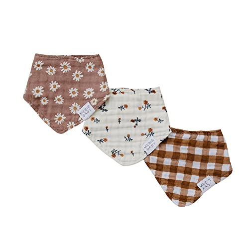 Mebie Baby Muslin Cotton Bib, Modern 3 pack, Lightweight Baby Bib Set for Burp, Spit Up, Drool, Stylish Bandana Bibs Baby Accessories, Use All Day, For Boy or Girl, Great for Gift Registry for Baby