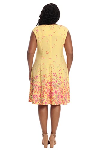 London Times Women's Floral Border Cap Sleeve Fit & Flare Dress, Yellow/Spiced Coral, 4