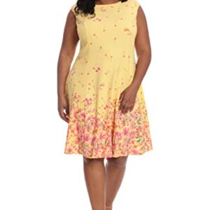 London Times Women's Floral Border Cap Sleeve Fit & Flare Dress, Yellow/Spiced Coral, 4