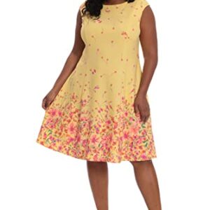 London Times Women's Floral Border Cap Sleeve Fit & Flare Dress, Yellow/Spiced Coral, 4