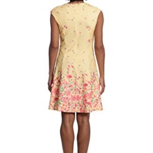 London Times Women's Floral Border Cap Sleeve Fit & Flare Dress, Yellow/Spiced Coral, 4