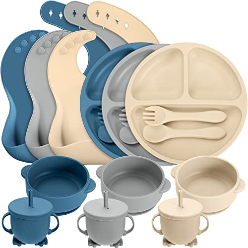 18 Pcs Silicone Baby Feeding Set Infant Dinnerware Adjustable Silicone Toddler Bibs Baby Plates and Bowls Set Suction Bowls Divided Plates Spoons Fork Cups Utensils(Beige, Dark Blue, Gray)