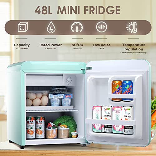 Kismile Retro Mini Fridge with Freezer, 1.7 cu. ft. small Refrigerator with Removable Shelves, Mechanical Control, Recessed Handle, Small Fridge for bedroom, Office, Apartment(Green)