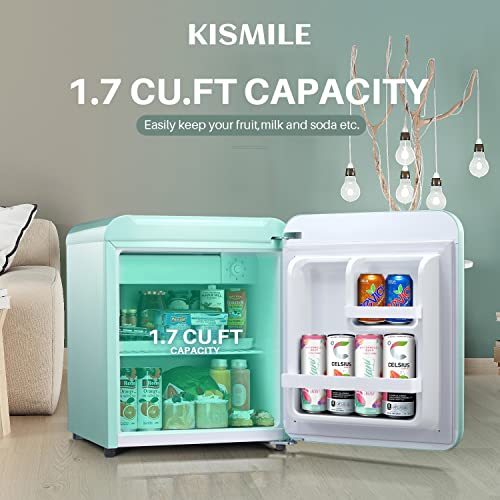 Kismile Retro Mini Fridge with Freezer, 1.7 cu. ft. small Refrigerator with Removable Shelves, Mechanical Control, Recessed Handle, Small Fridge for bedroom, Office, Apartment(Green)