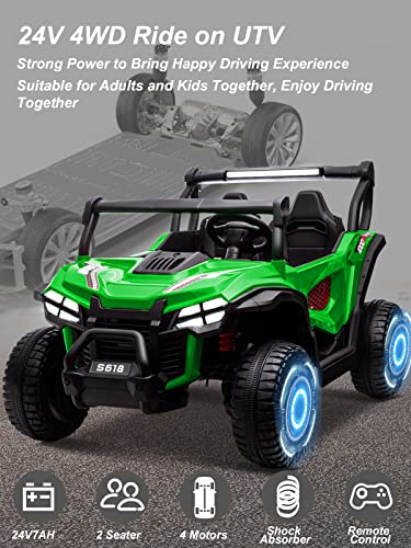 OTTARO 24V Ride on Cars 2 Seater, Electric Cars Vehicles for Adults and Kids, 4WD Ride on UTV Truck w/Remote Control, 25" Spacious Seat, 2 Safety Belts, Bright Light, Music Player,Bluetooth（Green）