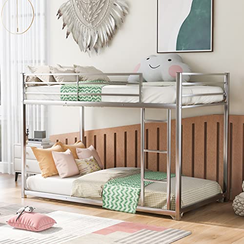 Heavy Duty Metal Twin Over Twin Low Bunk Bed for Bedroom, Small Living Space, Bunk Bed with Ladder and Full-Length Guardrail,Space-Saving Design,Low Bunk Bed for Boys and Girls Adults Teens (Silver)