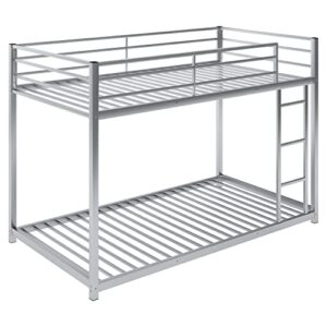 Heavy Duty Metal Twin Over Twin Low Bunk Bed for Bedroom, Small Living Space, Bunk Bed with Ladder and Full-Length Guardrail,Space-Saving Design,Low Bunk Bed for Boys and Girls Adults Teens (Silver)