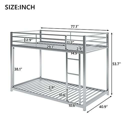 Heavy Duty Metal Twin Over Twin Low Bunk Bed for Bedroom, Small Living Space, Bunk Bed with Ladder and Full-Length Guardrail,Space-Saving Design,Low Bunk Bed for Boys and Girls Adults Teens (Silver)