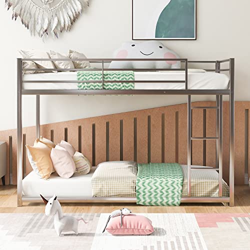 Heavy Duty Metal Twin Over Twin Low Bunk Bed for Bedroom, Small Living Space, Bunk Bed with Ladder and Full-Length Guardrail,Space-Saving Design,Low Bunk Bed for Boys and Girls Adults Teens (Silver)