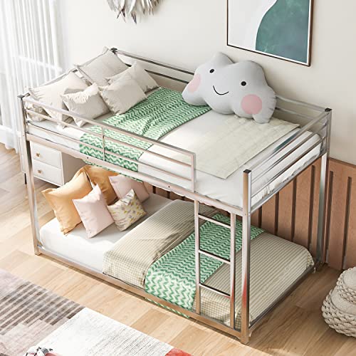 Heavy Duty Metal Twin Over Twin Low Bunk Bed for Bedroom, Small Living Space, Bunk Bed with Ladder and Full-Length Guardrail,Space-Saving Design,Low Bunk Bed for Boys and Girls Adults Teens (Silver)