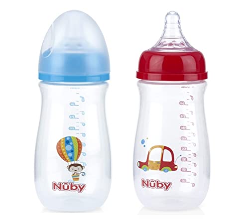 Nuby Wide Neck Bottle with Anti-Colic Air System, Blue and Red