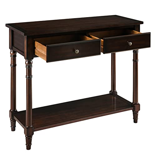 Solid Wood Console Entry Table with 2 Drawers, Accent Table with Storage Shelf, Narrow Sofa Side Table for Living Room,Blank Wall, 35.4”L x 30.1”H x 13.8”W Easy Assembly Vintage Walnut SFZ004DC