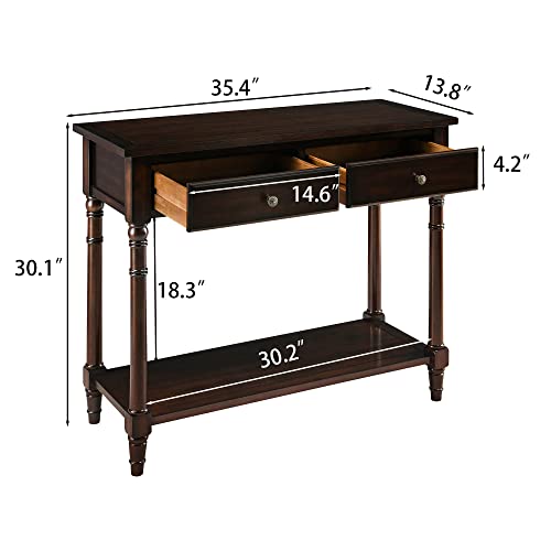 Solid Wood Console Entry Table with 2 Drawers, Accent Table with Storage Shelf, Narrow Sofa Side Table for Living Room,Blank Wall, 35.4”L x 30.1”H x 13.8”W Easy Assembly Vintage Walnut SFZ004DC