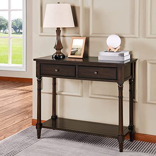 Solid Wood Console Entry Table with 2 Drawers, Accent Table with Storage Shelf, Narrow Sofa Side Table for Living Room,Blank Wall, 35.4”L x 30.1”H x 13.8”W Easy Assembly Vintage Walnut SFZ004DC