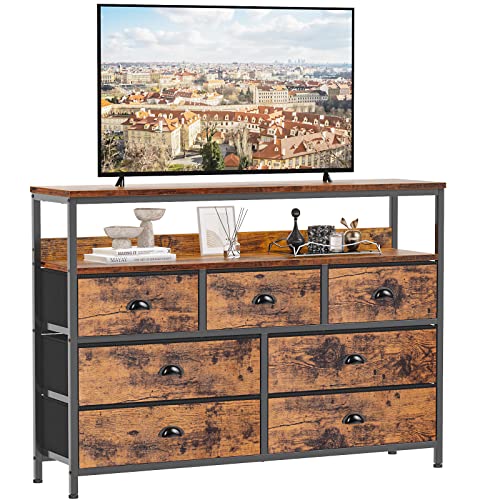 Furologee Dresser TV Stand, Console Sofa Table with 7 Drawers and 2-Tier Open Shelves, Entertainment Center for 45" TV, Storage Fabric Drawer Unit for Bedroom, Living Room, Entryway, Rustic Brown