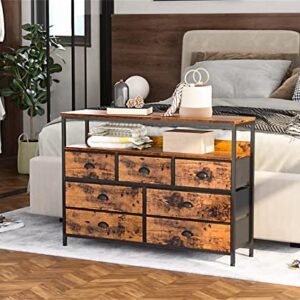 Furologee Dresser TV Stand, Console Sofa Table with 7 Drawers and 2-Tier Open Shelves, Entertainment Center for 45" TV, Storage Fabric Drawer Unit for Bedroom, Living Room, Entryway, Rustic Brown