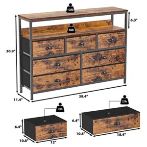 Furologee Dresser TV Stand, Console Sofa Table with 7 Drawers and 2-Tier Open Shelves, Entertainment Center for 45" TV, Storage Fabric Drawer Unit for Bedroom, Living Room, Entryway, Rustic Brown