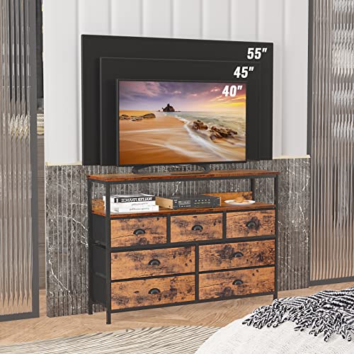 Furologee Dresser TV Stand, Console Sofa Table with 7 Drawers and 2-Tier Open Shelves, Entertainment Center for 45" TV, Storage Fabric Drawer Unit for Bedroom, Living Room, Entryway, Rustic Brown