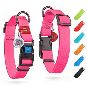 waudog waterproof dog collar - adjustable dog collar for large dogs, small and medium dogs - breakaway dog collar waterproof with plastic buckle and qr dog tag - boy & girl dog collars (pink)