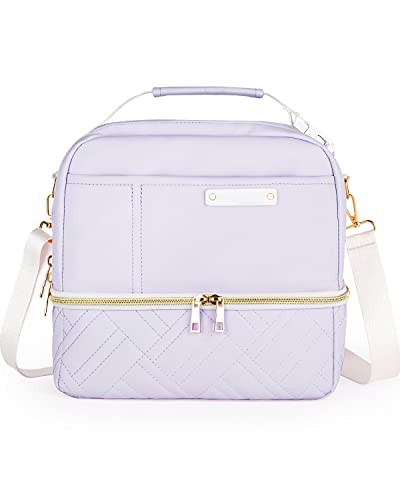 GLORIEROO® Lunch Bag Women Men, Large Insulated Lunch Box Tote Cooler - Stylish Vegan Leather 2 Tier Lunch Bag with Adjustable Shoulder Strap for Adults Travel Work, Purple